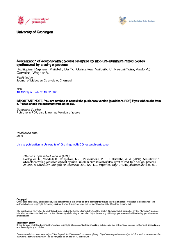(PDF) Acetalization of acetone with glycerol catalyzed by niobium ...