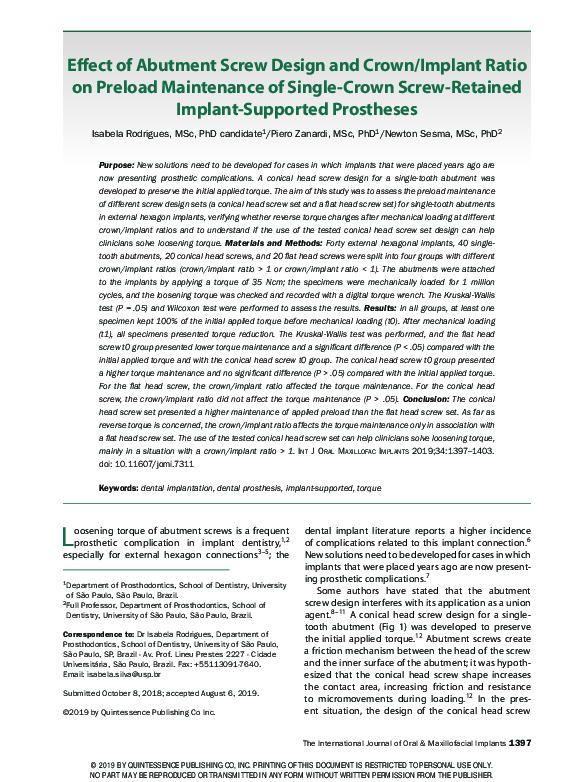 (PDF) Effect of Abutment Screw Design and Crown/Implant Ratio on ...
