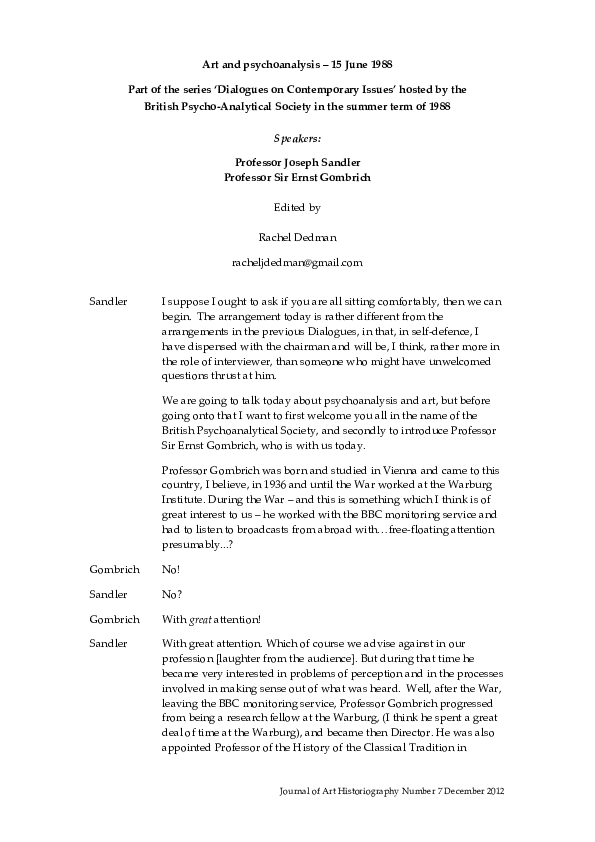 (PDF) Art and psychoanalysis – 15 June 1988. Speakers: Professor Joseph ...