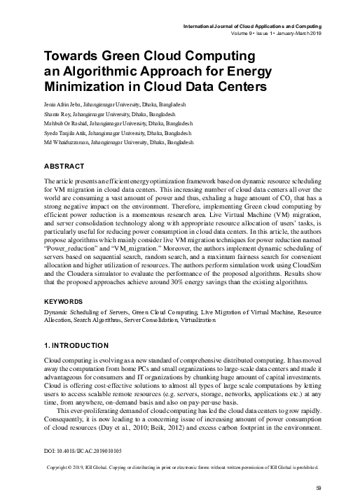 Pdf Towards Green Cloud Computing An Algorithmic Approach For Energy Minimization In Cloud