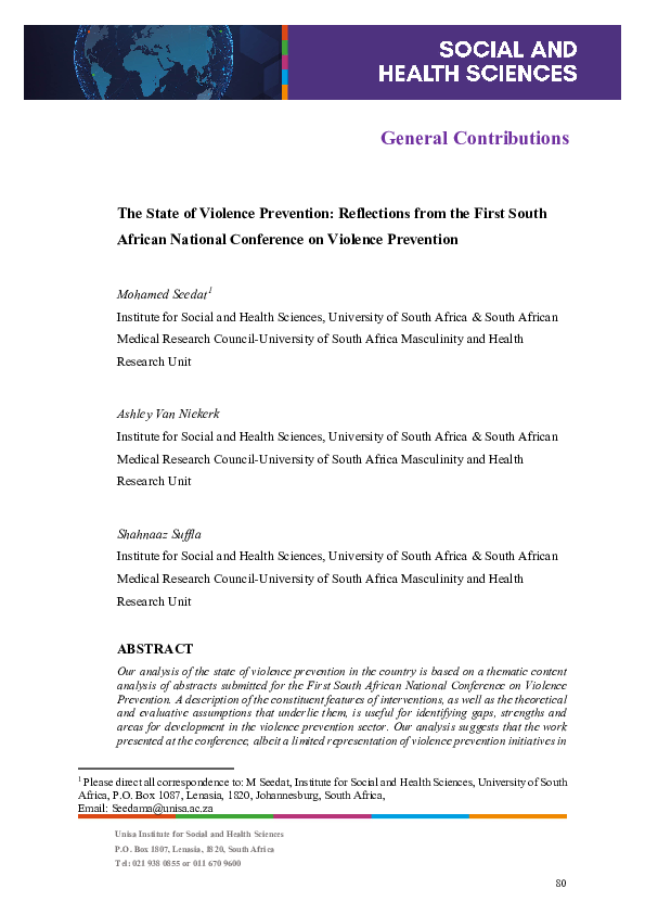 (PDF) The State of Violence Prevention: Reflections from the First ...