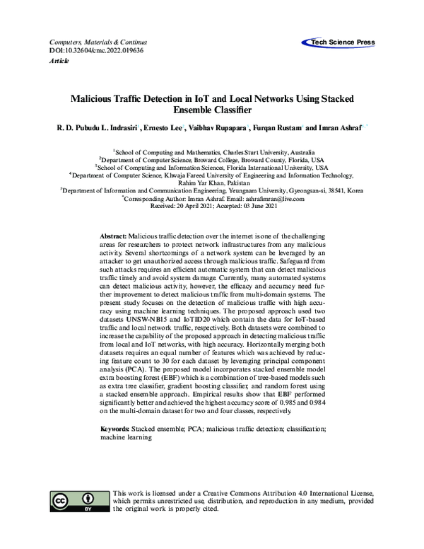 (PDF) Malicious Traffic Detection in IoT and Local Networks Using Stacked Ensemble Classifier
