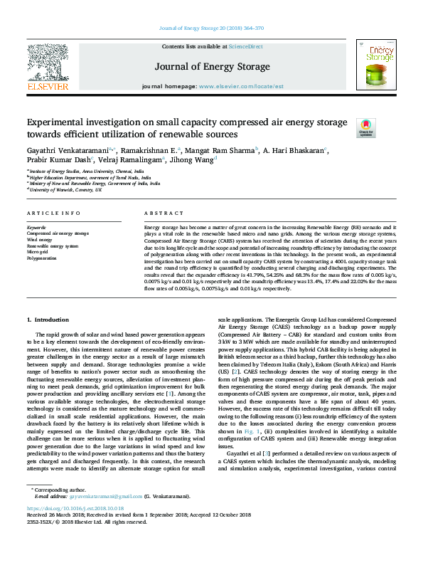 Pdf Experimental Investigation On Small Capacity Compressed Air Energy Storage Towards