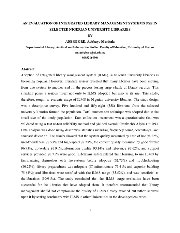 (DOC) AN EVALUATION OF INTEGRATED LIBRARY MANAGEMENT SYSTEMS USE IN ...