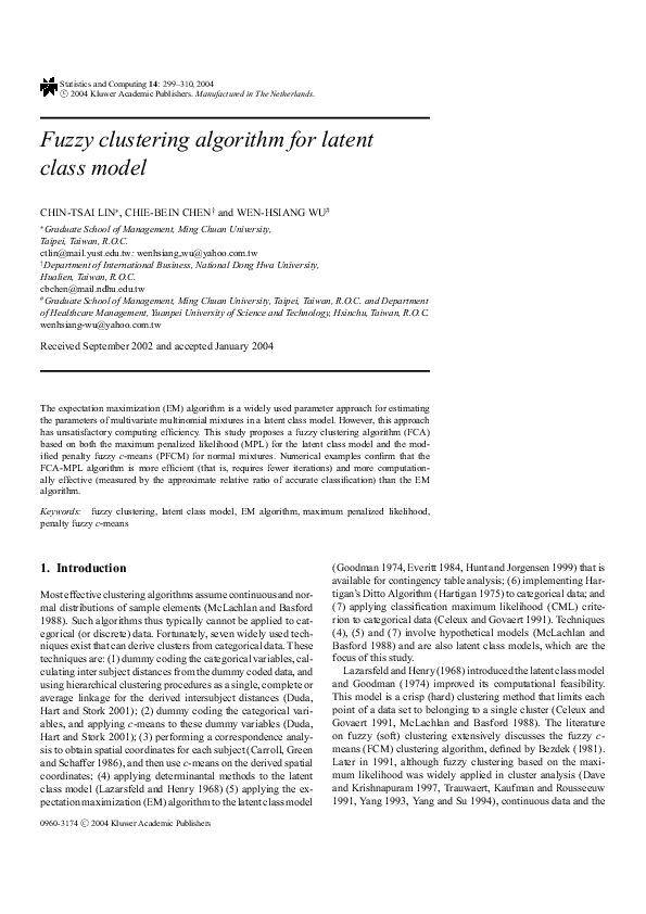 Pdf Fuzzy Clustering Algorithm For Latent Class Model
