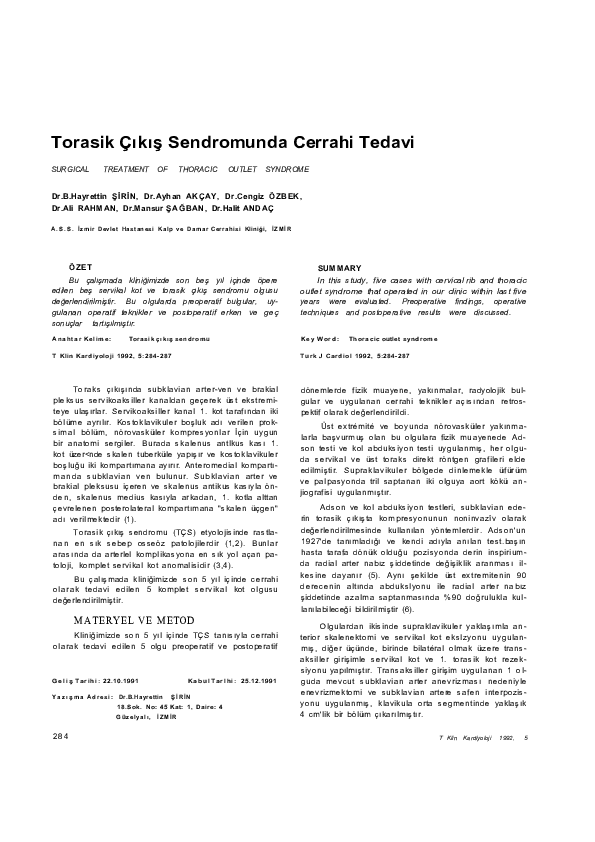 (PDF) Torasik Çıkış Sendromunda Cerrahi Tedavi