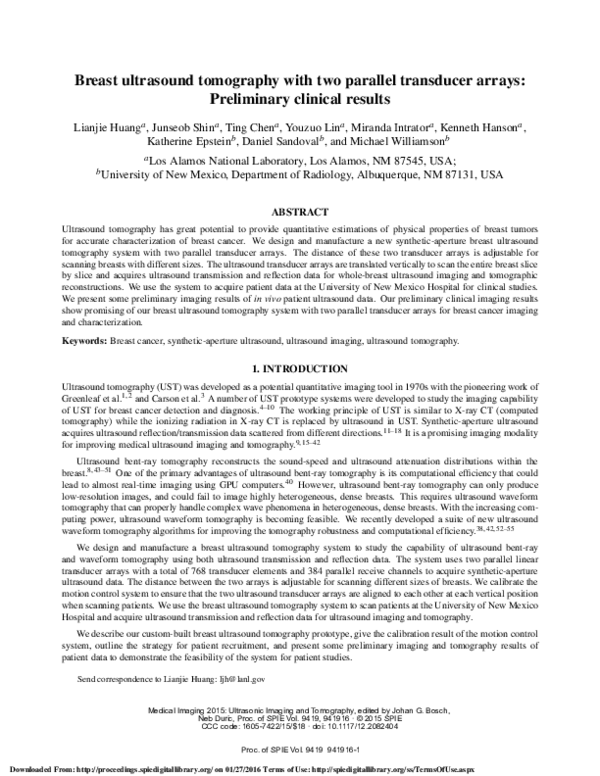 (PDF) Breast ultrasound tomography with two parallel transducer arrays: preliminary clinical results