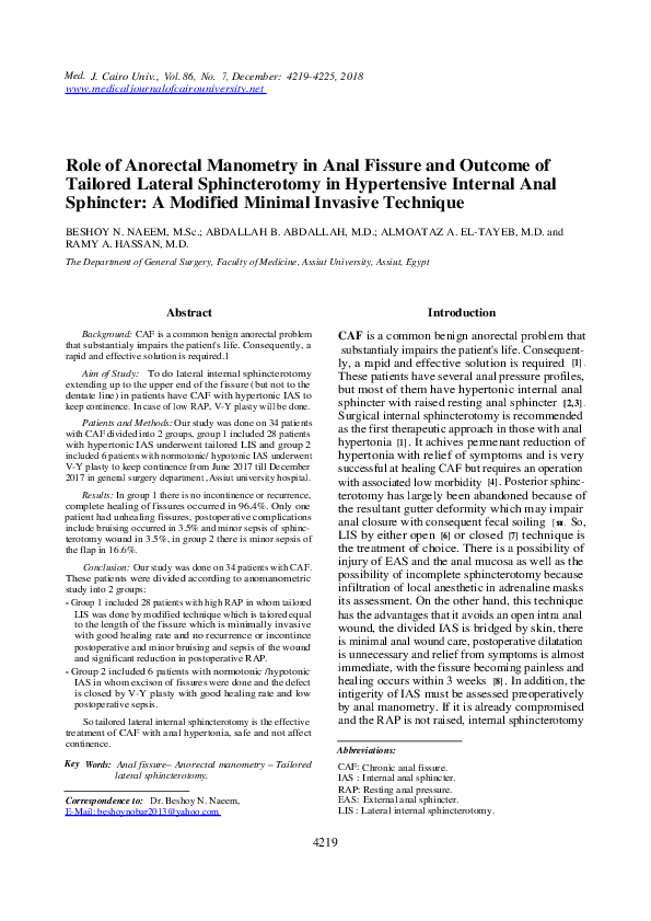 (PDF) Role of Anorectal Manometry in Anal Fissure and Outcome of ...