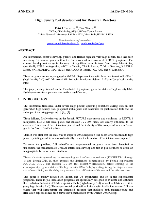 (PDF) High Density Fuel Development for Research Reactors