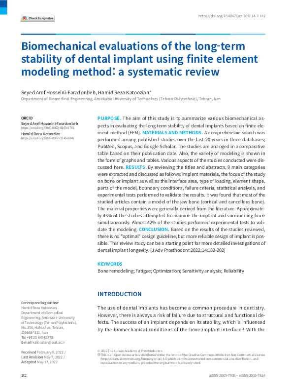 (PDF) Biomechanical evaluations of the long-term stability of dental implant using finite ...