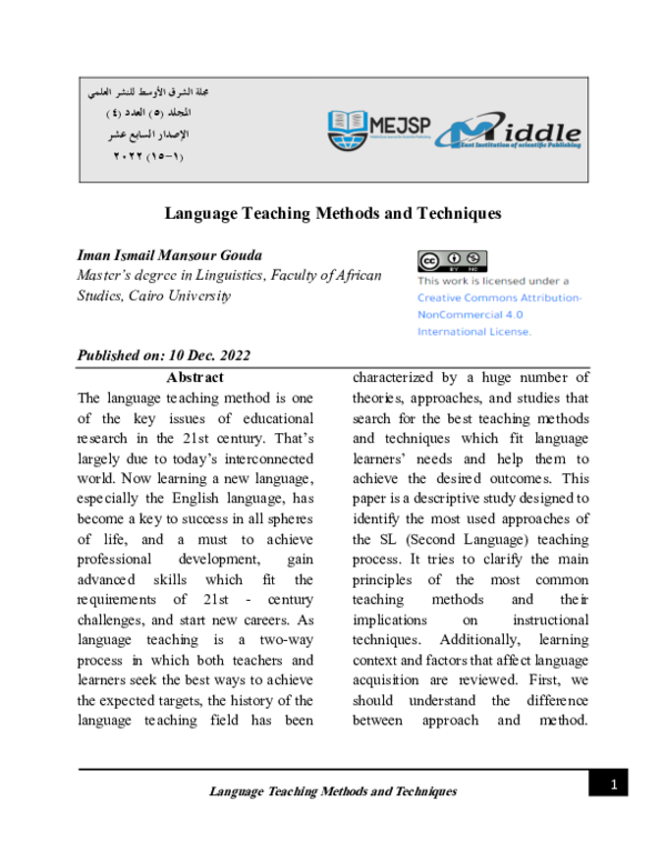 (PDF) Language Teaching Methods and Techniques