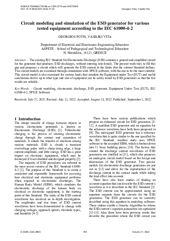 (PDF) Circuit Modeling and Simulation of the ESD Generator for Various ...