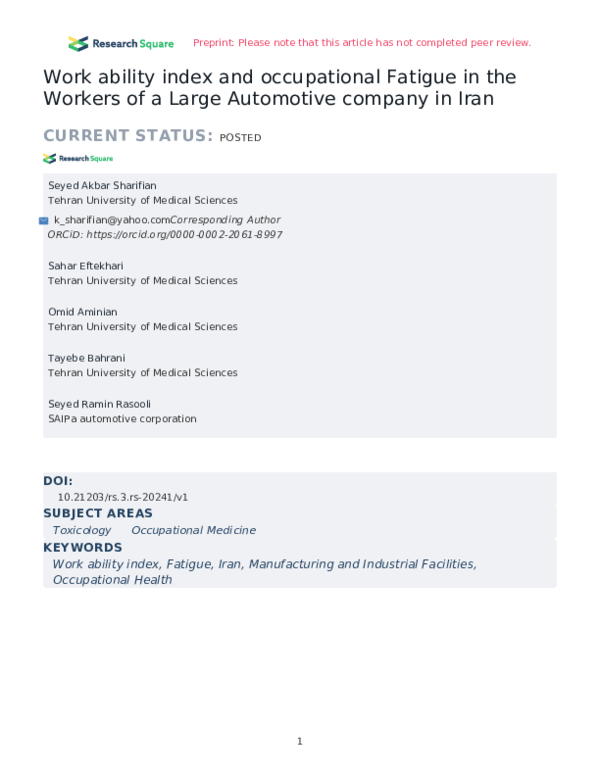 (PDF) Work ability index and occupational Fatigue in the Workers of a ...