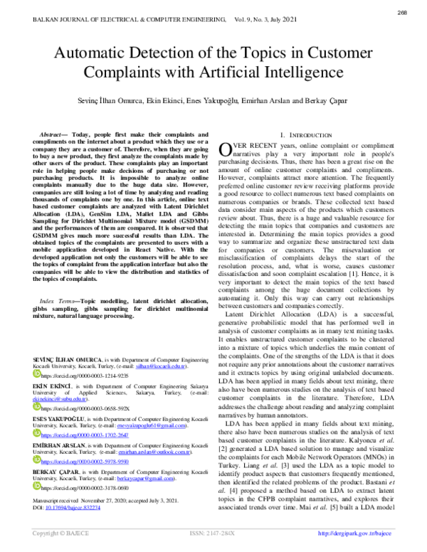 (PDF) Automatic Detection of the Topics in Customer Complaints with Artificial Intelligence