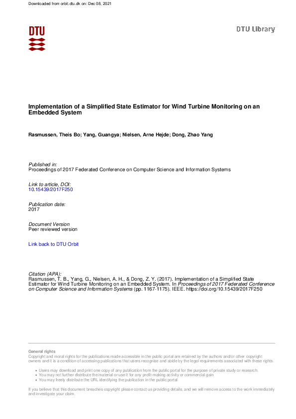 Pdf Implementation Of A Simplified State Estimator For Wind Turbine Monitoring On An Embedded