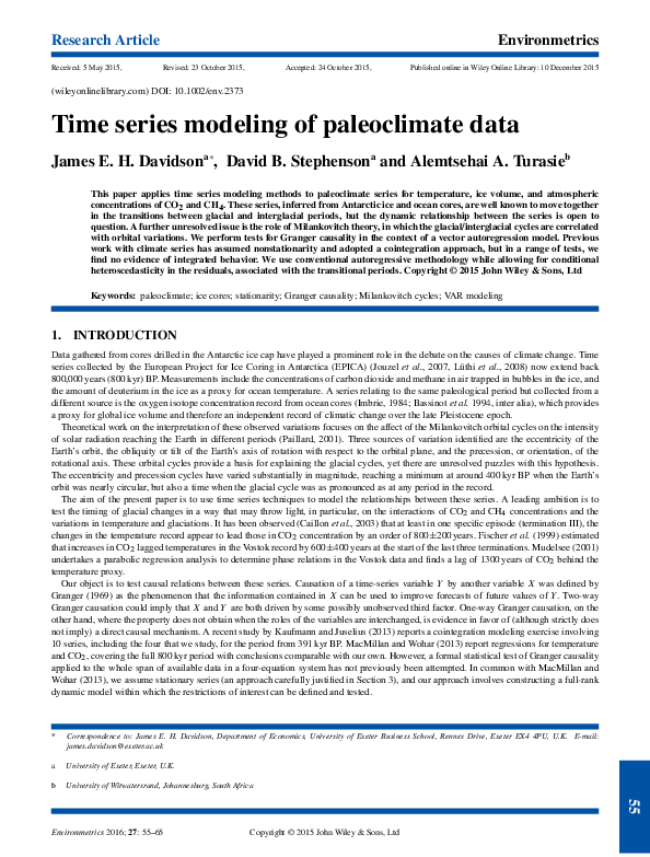 (PDF) Time series modeling of paleoclimate data