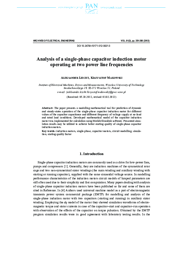 (PDF) Analysis of a single-phase capacitor induction motor operating at ...