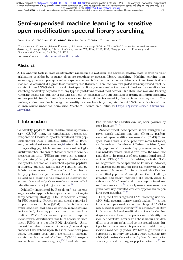 (PDF) Semi-supervised machine learning for sensitive open modification spectral library searching