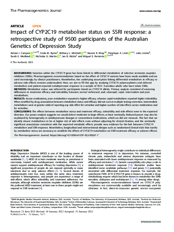 (PDF) Impact of CYP2C19 metaboliser status on SSRI response: a ...