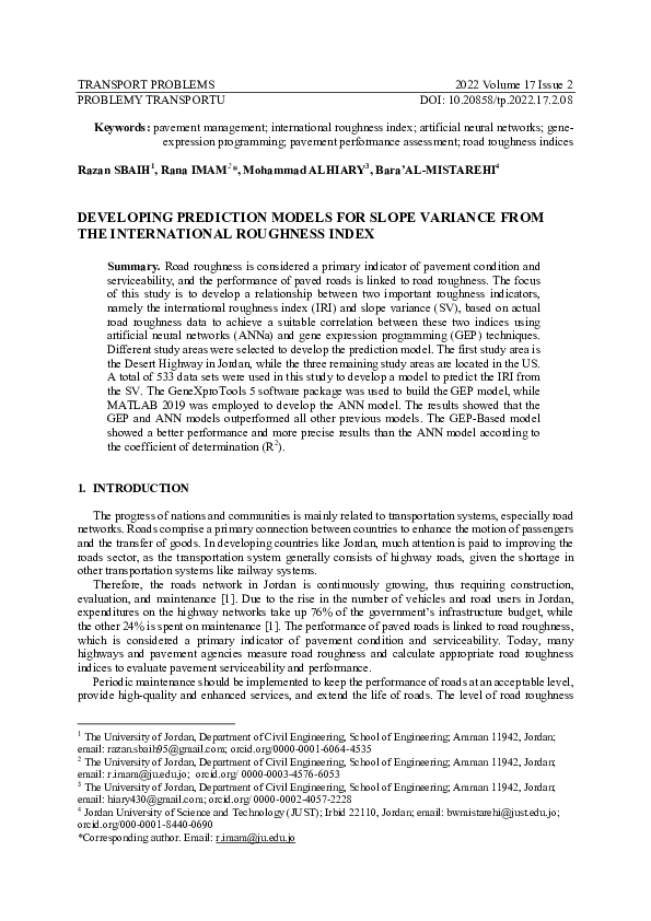 Pdf Developing Prediction Models For Slope Variance From The International Roughness Index