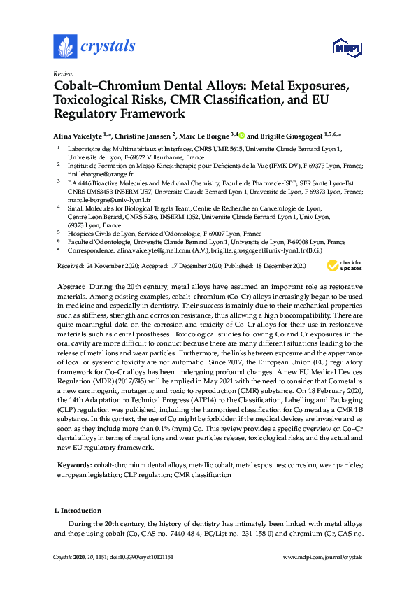 (PDF) Cobalt–Chromium Dental Alloys: Metal Exposures, Toxicological ...