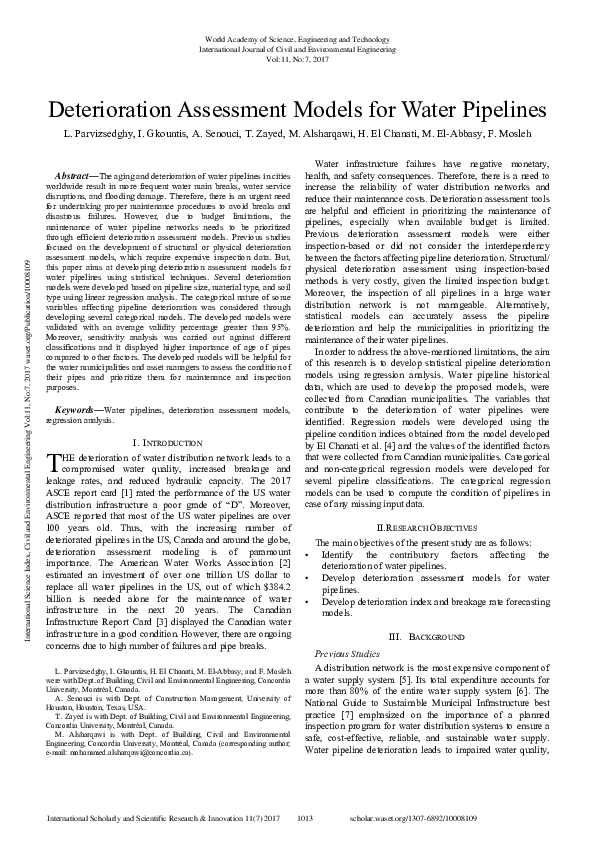 (PDF) Deterioration Assessment Models For Water Pipelines
