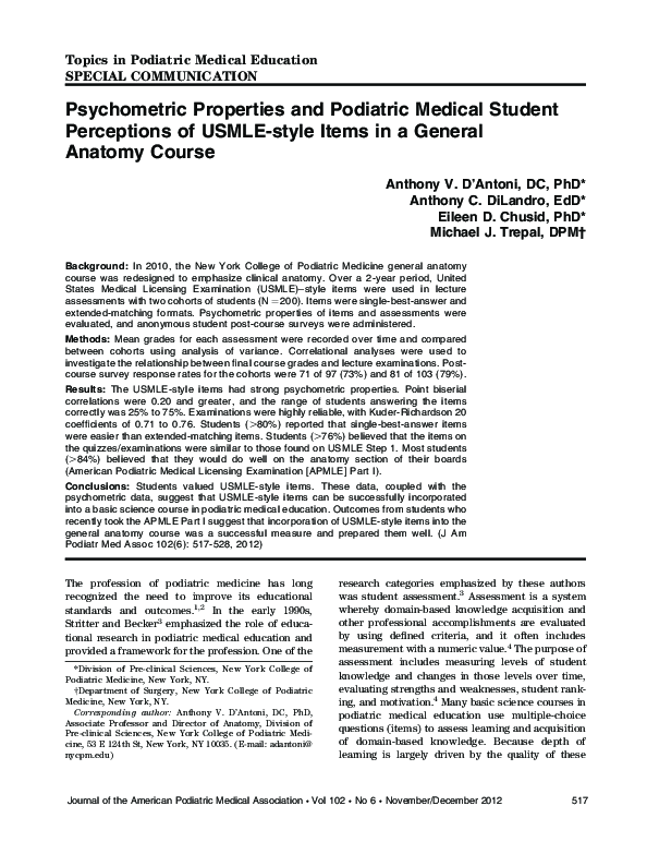 (PDF) Psychometric Properties and Podiatric Medical Student Perceptions ...