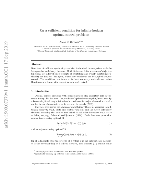 (PDF) On a sufficient condition for infinite horizon optimal control problems