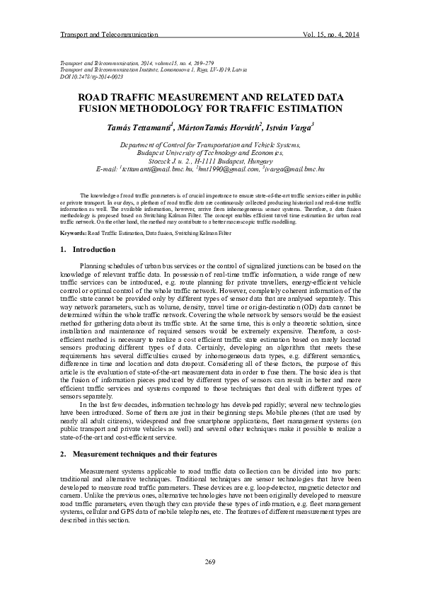 Pdf Road Traffic Measurement And Related Data Fusion Methodology For Traffic Estimation