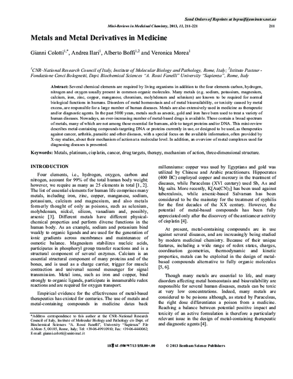 (PDF) Metals and Metal Derivatives in Medicine