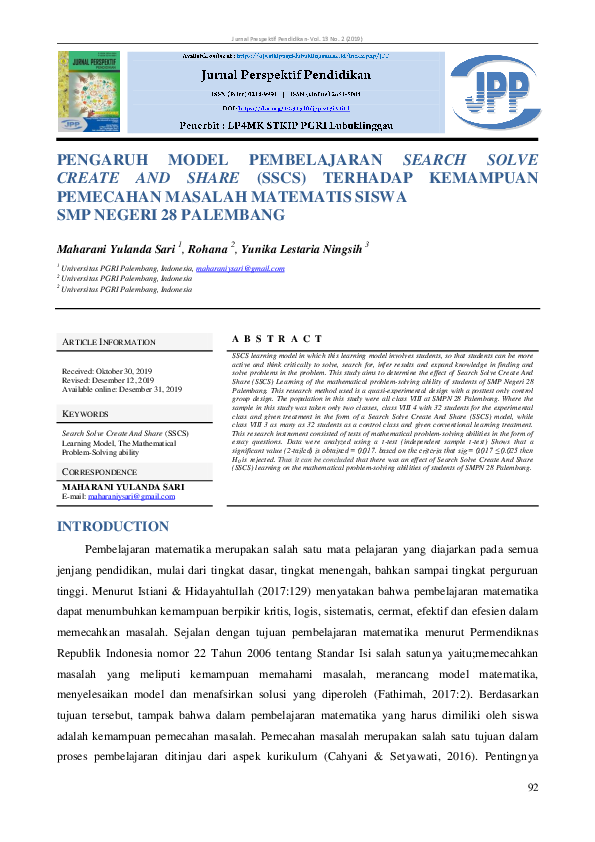 (PDF) Pengaruh Model Pembelajaran Search Solve Create and Share (SSCS) Terhadap Kemampuan ...