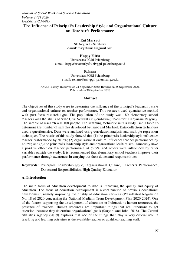 (PDF) The Influence of Principal’s Leadership Style and Organizational ...