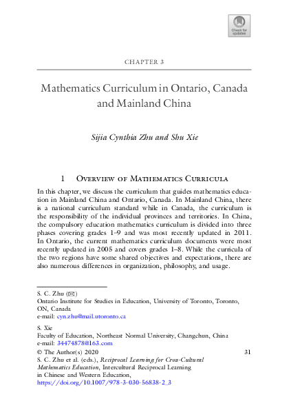 (PDF) Mathematics Curriculum in Ontario, Canada and Mainland China
