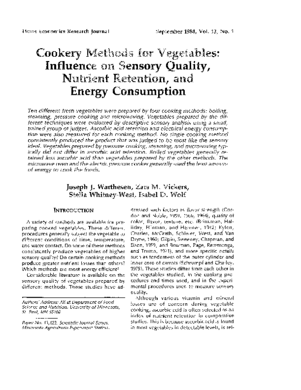 (PDF) Cookery Methods for Vegetables: Influence on Sensory Quality ...