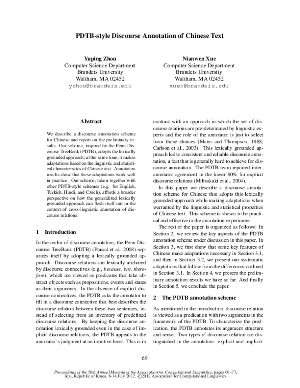 Pdf Pdtb Style Discourse Annotation Of Chinese Text