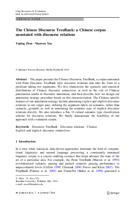 Pdf The Chinese Discourse Treebank A Chinese Corpus Annotated With Discourse Relations