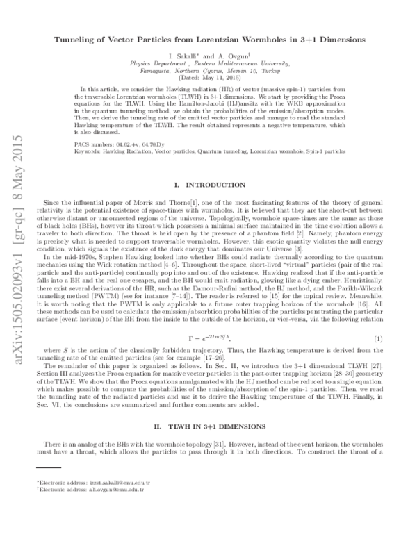 (PDF) Tunnelling of vector particles from Lorentzian wormholes in 3+1 dimensions