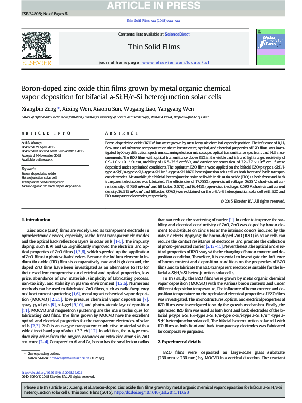 (PDF) Boron-doped zinc oxide thin films grown by metal organic chemical vapor deposition for ...