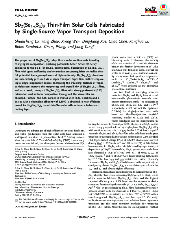 (PDF) Sb 2 (Se 1‐x S x ) 3 Thin‐Film Solar Cells Fabricated by Single ...