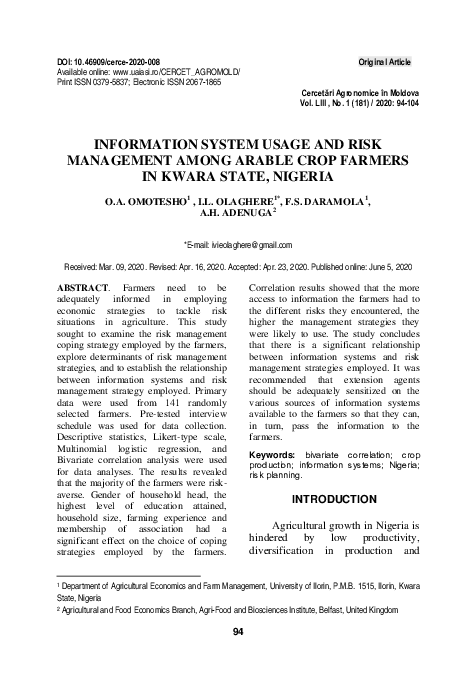 (PDF) Information System Usage and Risk Management Among Arable Crop ...