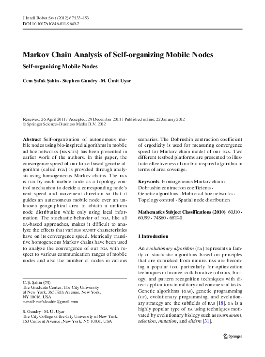 (PDF) Markov Chain Analysis of Self-organizing Mobile Nodes