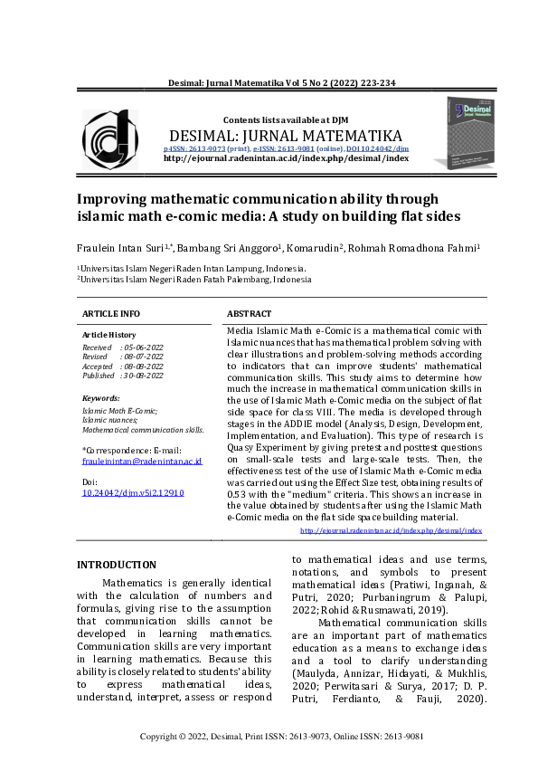 (PDF) Improving mathematic communication ability through islamic math e ...