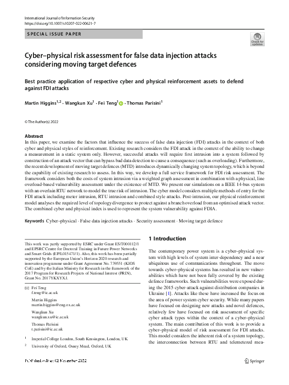 Pdf Cyber Physical Risk Assessment For False Data Injection Attacks