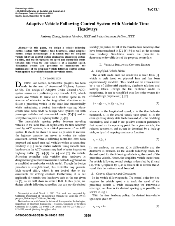 (PDF) Adaptive Vehicle Following Control System with Variable Time Headways