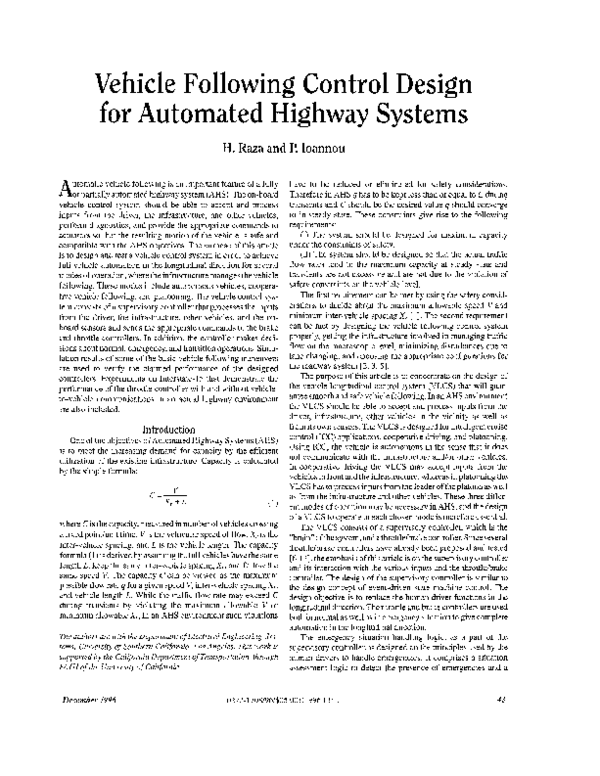 (PDF) Vehicle following control design for automated highway systems
