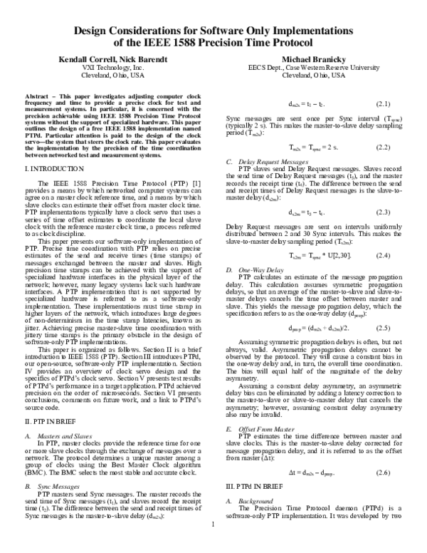 (PDF) Design considerations for software only implementations of the IEEE 1588 precision time ...