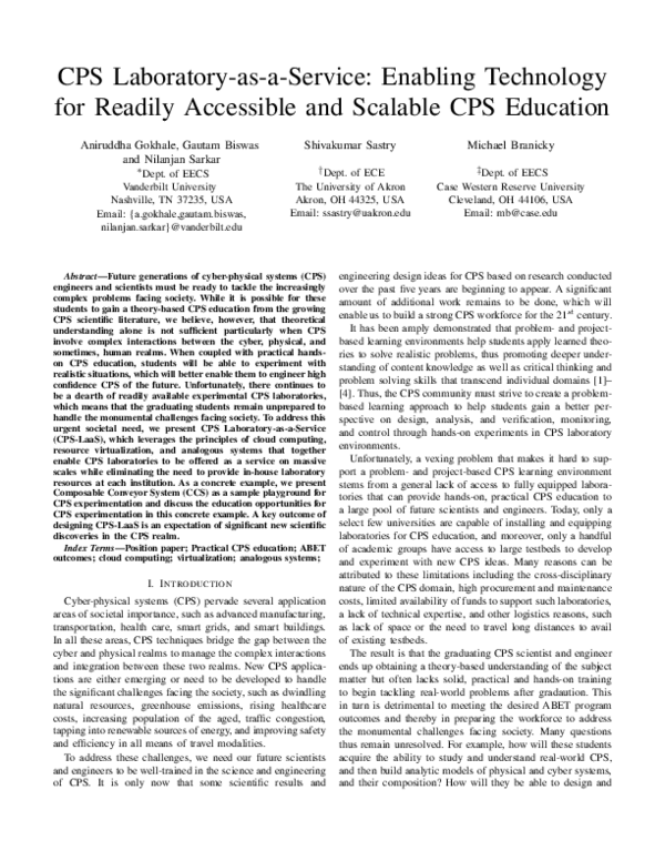 (PDF) CPS-Laboratory-as-a-Service: Enabling technology for readily accessible and scalable CPS ...