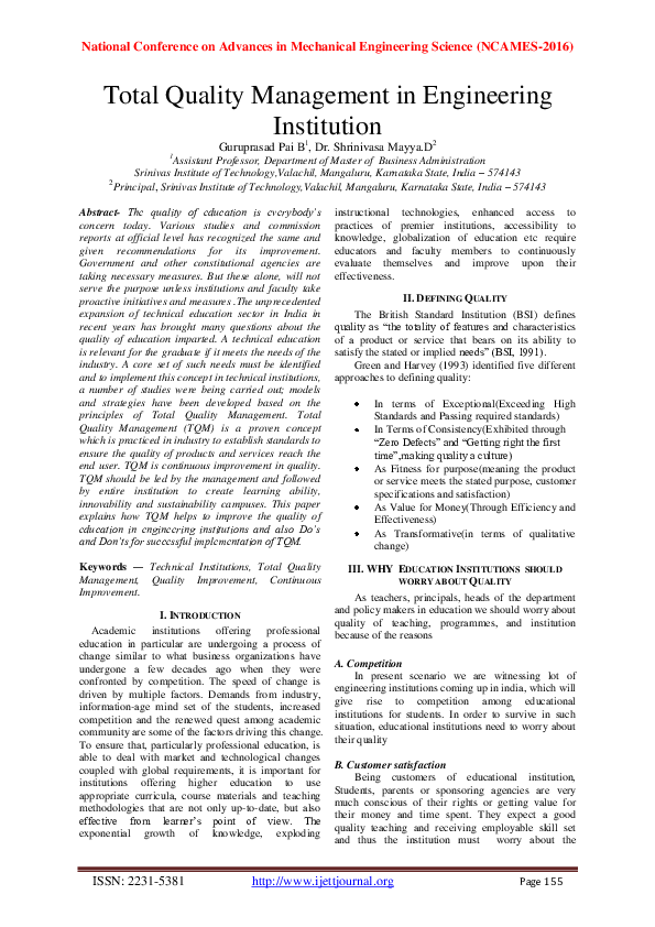 (PDF) Total Quality Management in Engineering Institution