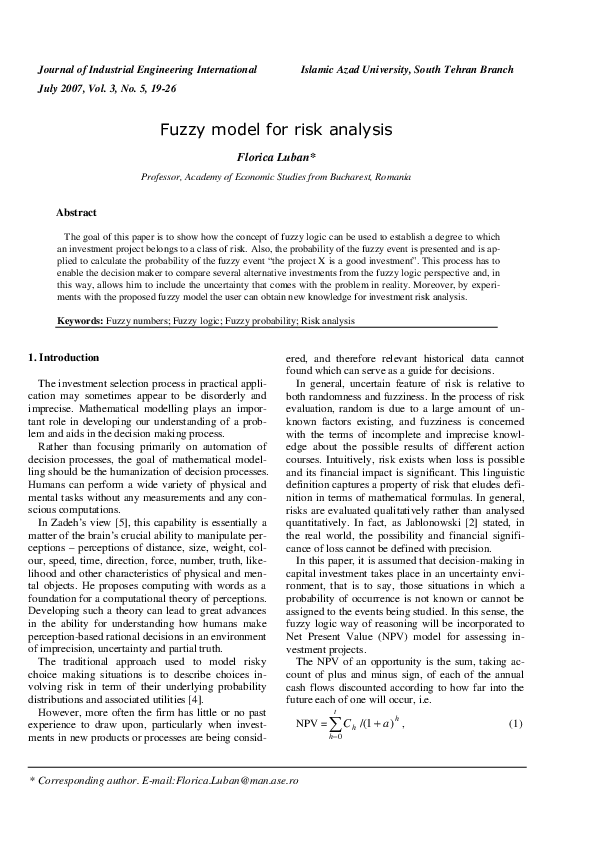 Pdf Fuzzy Model For Risk Analysis