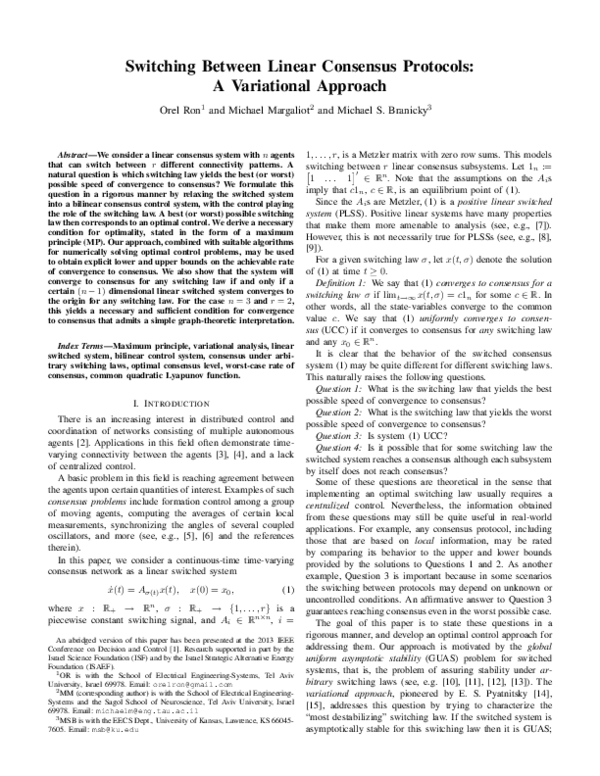 Pdf Optimal Switching Between Two Linear Consensus Protocols Michael Branicky